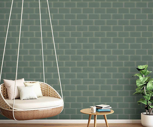 Subway Tile in Teal Pearl with Grey Grout on Sure Strip Wallpaper - All ...